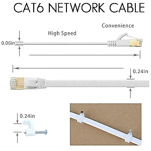 Flat Cat6 Ethernet Cable 200 Ft with Cable Clips, comtelek cat 6 Ethernet Rj45 Patch Cable, Slim Network Cable, Thin Internet Computer Cable - 200 Feet White(60 Meters)…
