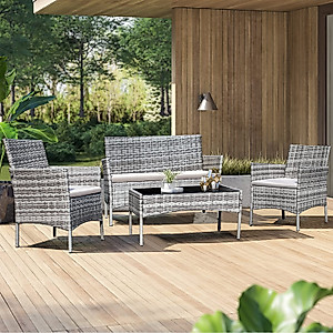 Homall 4 Pieces Patio Rattan Chair Wicker Set,Outdoor Indoor Use Backyard Porch Garden Poolside Balcony Furniture (Grey and Beige)