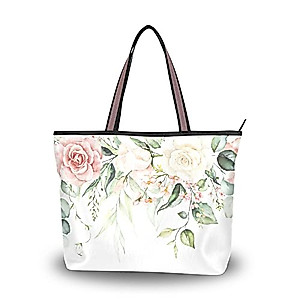 Bolaz Tote Bag with Zipper Women Pink & White Rose Flower Floral Handbags Pockets Shoulder Bag Work Large Office