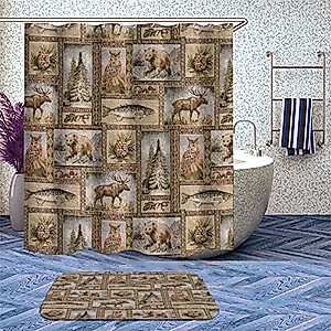 Zmcongz Cabin Bathroom Sets with Shower Curtain and Rugs and Accessories Owl Fishing Moose Deer Bear Country Rustic with Non-Slip Rugs Toilet Lid Cover and Bath Mat Bathroom Decor Set, 72x72 Inch