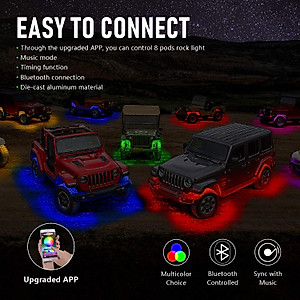 YCHOW-TECH RGB LED Rock Lights Kit, 8 Pods Multicolor Neon LED Light Kit with Bluetooth Control Music Mode, High Bright Multilcolor Waterproof IP68 Rock Light for Pickup Off Road RZR SUV ATV UTV Car