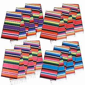 Holicolor 12 Pack Mexican Table Runners 13.5 x 100 Inch 4 Colors Serape Table Runner for Fiesta Mexican Theme Party Wedding Decorations (Pink Purple Red Blue)