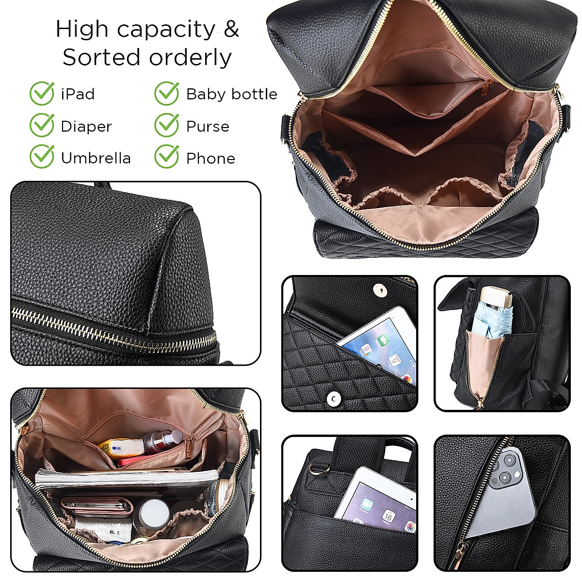 Diaper Bag Backpack Leather Baby Bag with Multiple Pockets, Changing Station, Stroller Straps, Large Capacity for Wet Clothes, Breast Pump, Milk Bottle Black