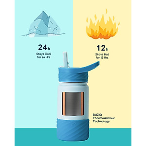 14oz Kids Water Bottle for School Toddler Thermo Water Cups with Straw Lid & Silicone Boot, BUZIO Stainless Steel BPA-Free Insulated Water Tumbler Travel Bottles, Metal Mug with Stickers- Blue