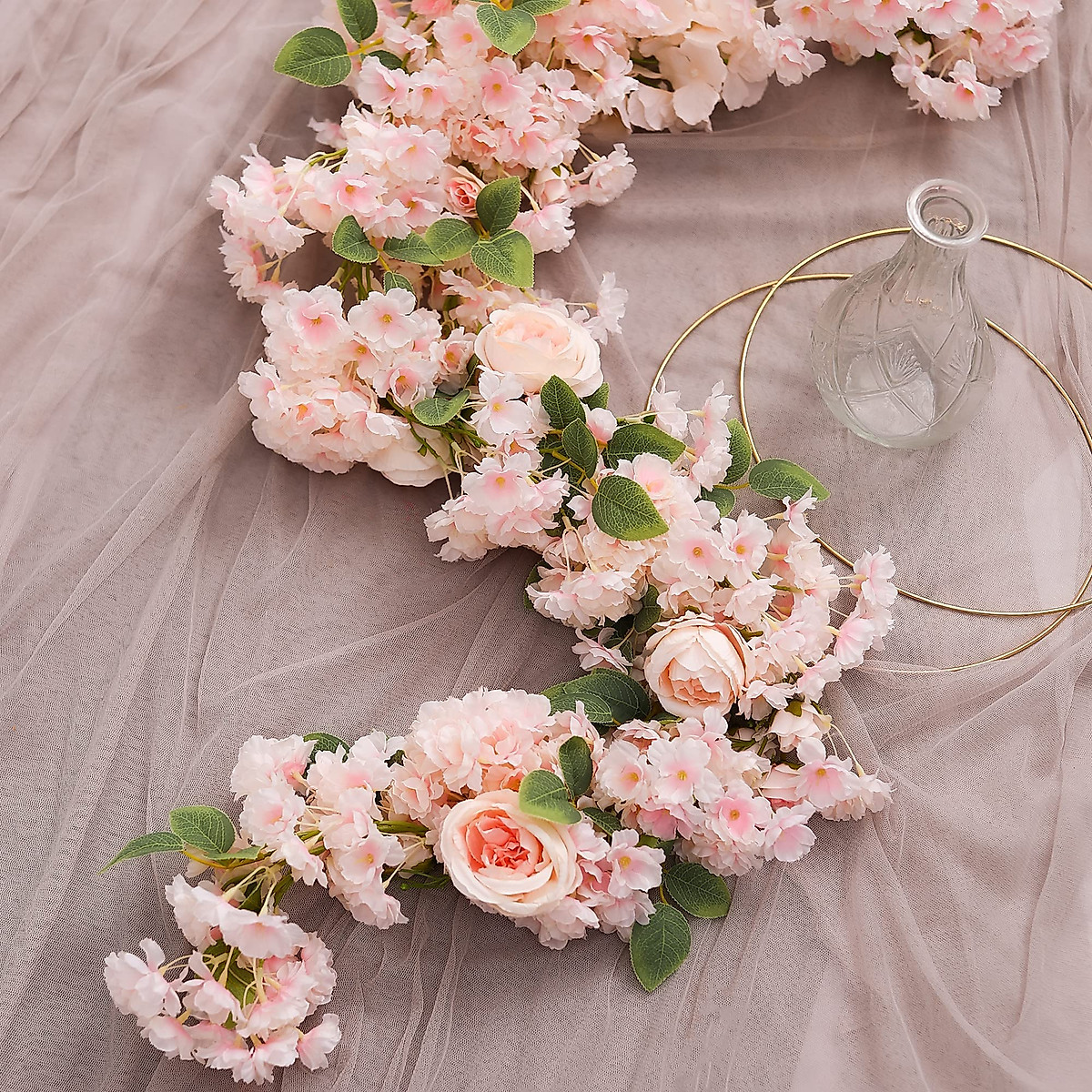 Anna's Whimsy 6.07FT Rose & Cherry Blossom Garland, Silk Artificial Flower, Flower Hanging Vines for Wedding Arch Party Table Home Garden Outdoor Kawaii Decor