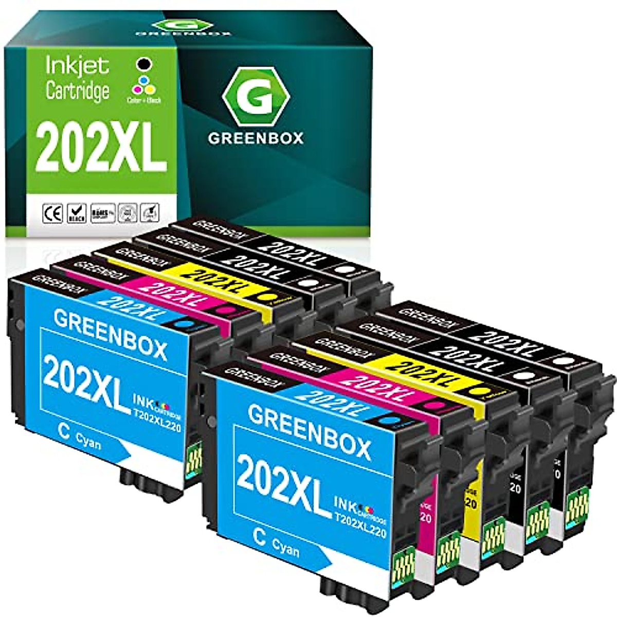 GREENBOX Remanufactured 202XL Ink Cartridge Replacement for Epson 202 XL 202XL T202XL New Upgraded Chips for Expression Home XP-5100 Workforce WF-2860 Printer GB-EP202-4B6C（10 Pack）