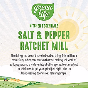GreenLife Salt and Pepper Grinder Set, Mess-Free Ratchet Mill, Adjustable Coarseness and Easily Refillable, Black and White