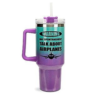 Elanze Designs Warning May Talk About Airplanes Pilot 40 oz. Stainless Steel, Large Water Bottle Coffee Mug, Spill & Leak Resistant, Thermal Travel Tumbler with Handle, Lid & Straw, Teal/Purple