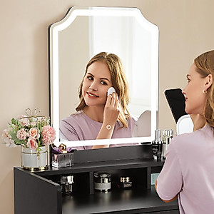 VOWNER Makeup Vanity Desk with Lighted Mirror, 3 Color Dimmable Vanity Table Set for Bedroom with Power Outlet, Drawer & Cushioned Stool, Black, VOWNER-172
