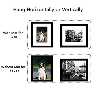 PEALSN 11x14 Picture Frame Set of 2, Made of High Definition Real Glass, Display 8x10 with Mat or 11 x 14 Without Mat, Photo Frames for Wall Mounting or Table Top Display, Black