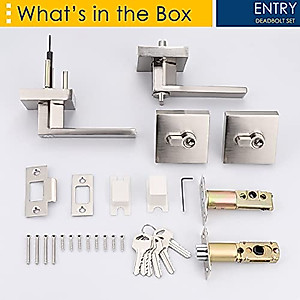 Keyed Entry Door Lever and Double Cylinder Deadbolt Set, Keyed Alike Reversible Lockset, Satin Nickel Square Interior/Exterior Handleset for Bedroom, Front Door 3 Pack