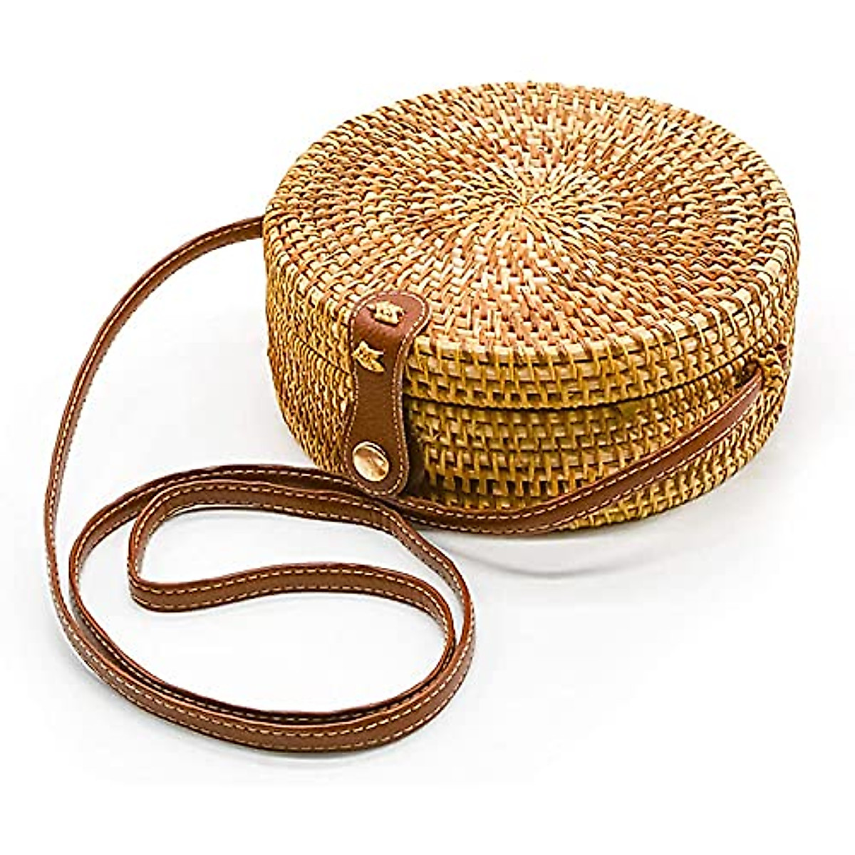 OUTLEYNY Handwoven Round Rattan Bag Beach Crossbody Bag Chic Fashion Shoulder Bag with Leather Strap Gift for Women Girls