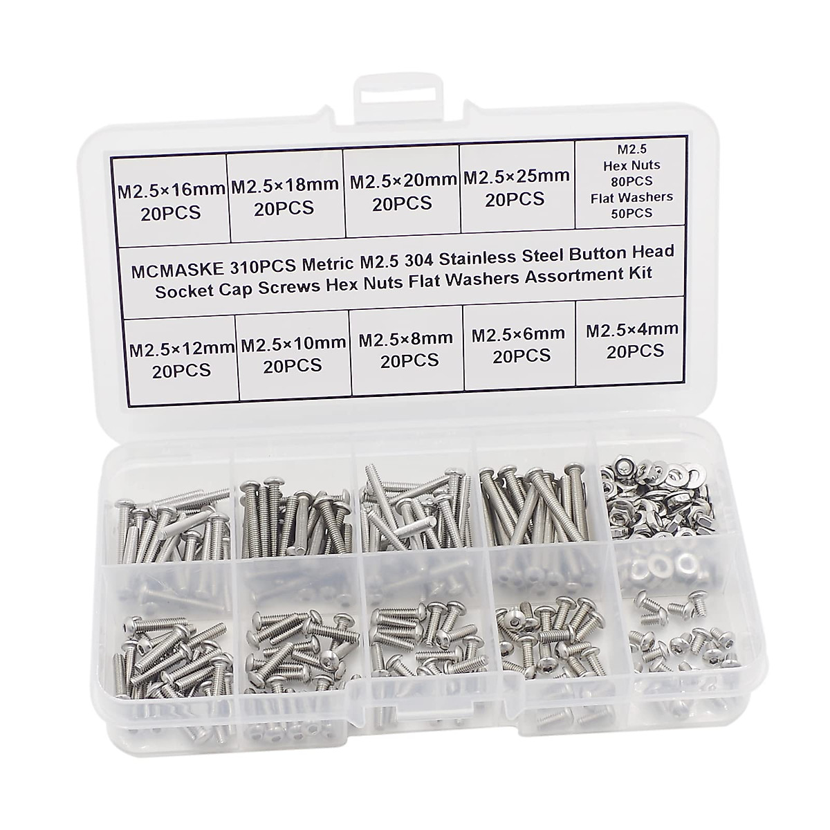 MCMASKE 310PCS Metric M2.5 304 Stainless Steel Button Head Socket Cap Screws Hex Nuts Flat Washers Assortment Kit