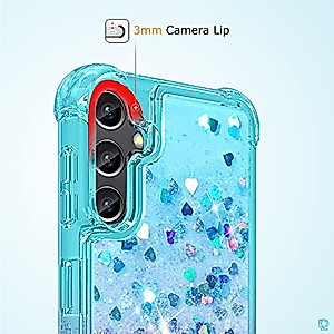 Dzxouui for Samsung A14 5G Case with Glass Screen Protector, Women Girls Cute Clear Glitter Flowing Quicksand Reinforced Corners Soft TPU Phone Case Cover for Samsung Galaxy A14 5G, Teal/Purple