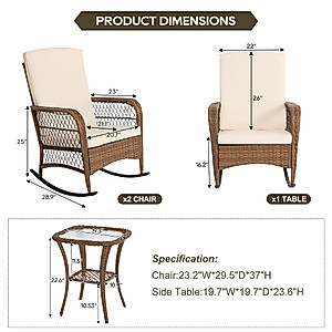 GS CHIER 3 Pieces Outdoor Rocking Chair Set, Outdoor Rocking Chairs, Patio Furniture Sets with Cushion and Side Table, Wicker Bistro Set for Deck Garden Poolside