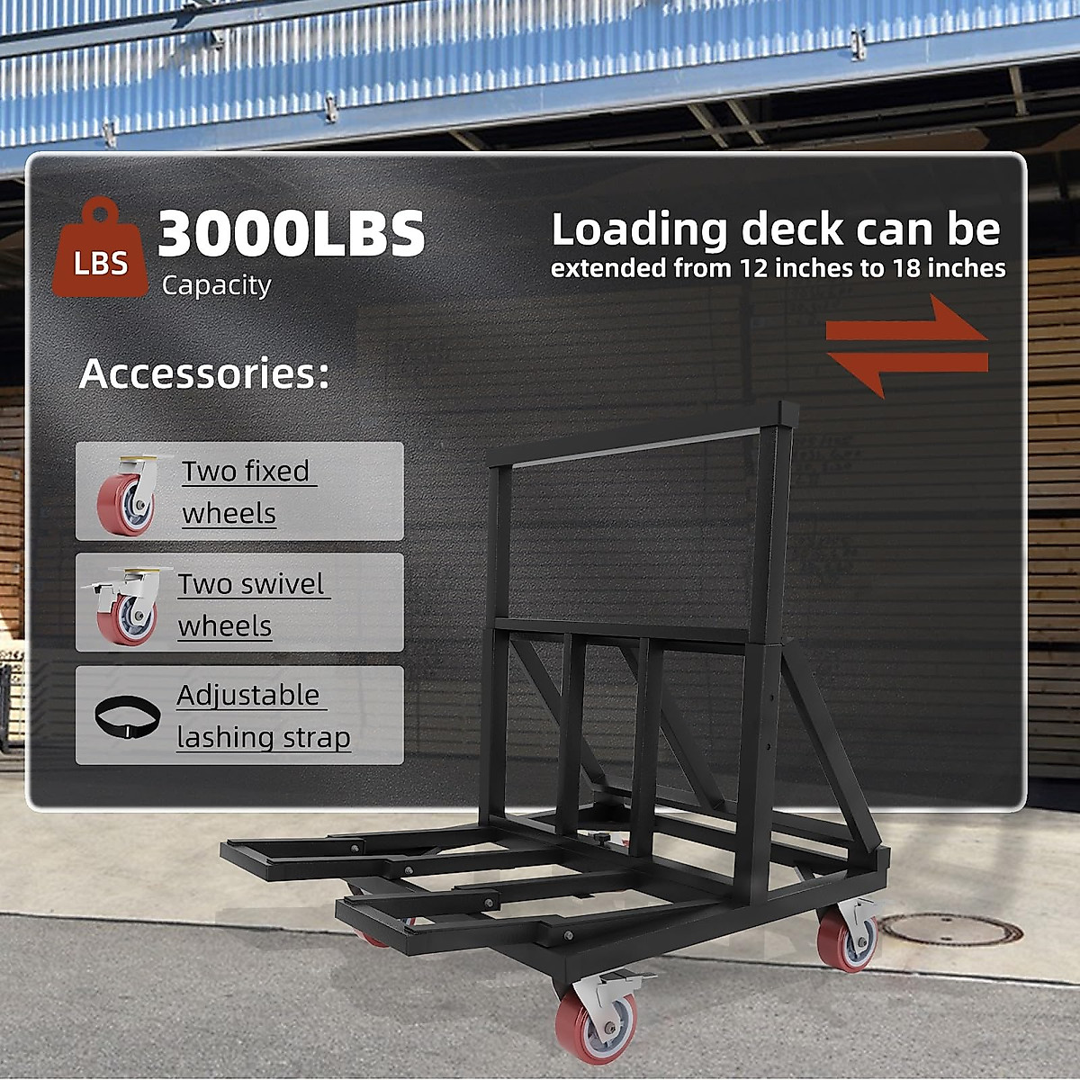 Lomive Heavy Duty Drywall Cart 3000 lbs Capacity Folding Panel Dolly Handling Wall Panel, Sheetrock, Lumber, Glass, 4 Swivel Wheels and Expandable Rubber Pad Bracket - Black 2MM Thickness Plate