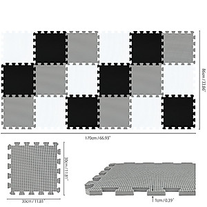 qqpp EVA Rubber 18 Tiles Interlocking Puzzle Foam Floor Mats - Baby Play Mat for Playing | Exercise Mat for Home Workout. White, Black, Gray. QC-ADLb18N