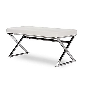 Baxton Studio Wholesale Interiors Herald Modern and Contemporary Faux Leather Upholstered Rectangle Bench, Stainless Steel and White