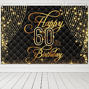 Happy 60th Birthday Banner Backdrop Royal Curtain Decorations Black Gold Background 60 Years Old Bday for Women Men Photography Party Decor Supplies