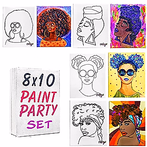 4 PACK 8x10 AFRO QUEEN PAINT PARTY SET 2 | Pre Drawn Stretched Canvas Kit | Birthday Gift | Adult Sip and BLM Party Favor | DIY Virtual Party 2 (8x10 Inches)