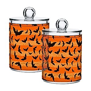 Vnurnrn Clear Plastic Jar Set for Cotton Ball, Cotton Swab, Cotton Round Pads, Floss, Halloween with Flying Bats Bathroom Canisters Storage Organizer, Vanity Makeup Organizer,2Pack