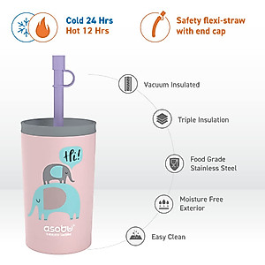 asobu Stainless Steel Kids Tumbler with Flexible Straw Lid | Insulated Water Bottle | Reusable Travel Cup 12 Ounce (Pink)