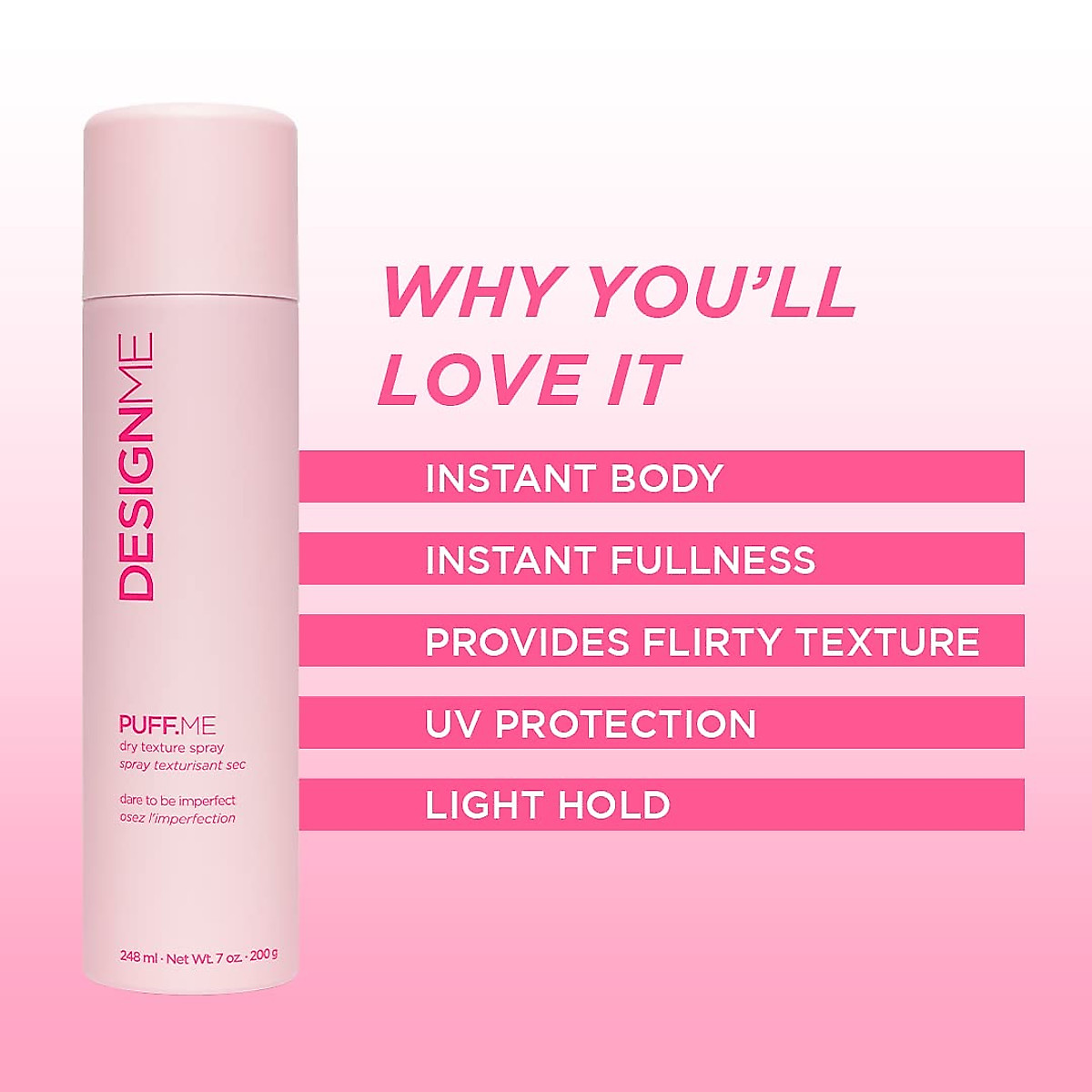 PUFF.ME Volumizing Dry Texture Spray for Hair by DESIGNME | Light Hold Hairspray for Straight or Wavy Hair | Color Safe Fine Hair Texture Spray | Paraben and Sulfate Free Hair Texturizer, (7 Oz)