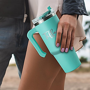 Personalized Travel Mug 30 oz with Handle Seafoam Customized Cup Vacuum Insulated Tumbler Birthday Gift for Women, Men, Beer and Drinks