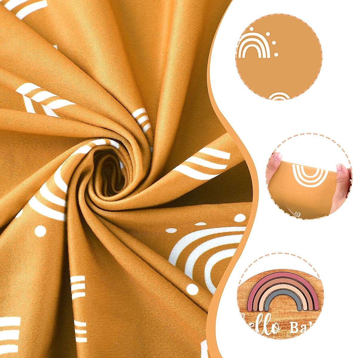 4 Pieces Light Yellow Rainbow Baby Swaddle Set Muslin Baby Swaddle Blanket Matching Hat Bow Headband Wooden Birth Announcement Card for Hospital Newborn Boy Girl 0-3 Months Receiving (40 x 40 Inch)