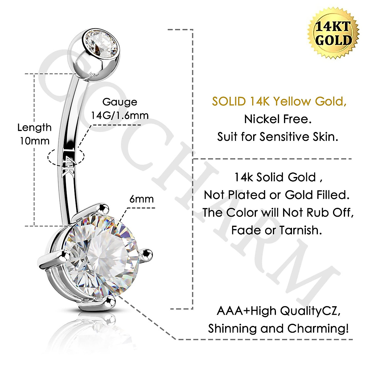 COCHARM 14K White Gold Belly Button Rings for Women Clear CZ White Gold Belly Navel Piercing Jewelry Hypoallergenic Belly Rings