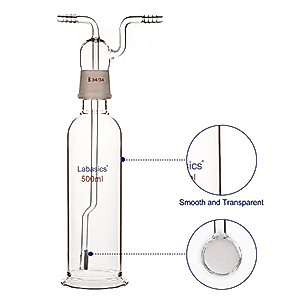 Labasics Gas Washing Bottle, Borosilicate Glass 34/34 Stopper Gas Bubbler Gas Washing Bottle with Fritted Disc and 8 mm OD Inlet/Outlet Hoses, 500 ml