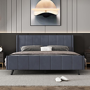 Prohon Upholstered Platform Bed with Tufted Headboard and Soft Wingback, Queen Size Bed Frame No Box Spring Needed, Velvet Bedframe w/Wood Slat Mattress Foundation, Gray