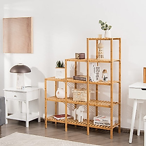 Giantex 5 Tier Bamboo Shelf, Cube Storage Organizer w/ 9 Cubes, Bamboo Bathroom Shelf, Multipurpose Storage Organizer Display Plant Stand for Home Office Living Room Balcony