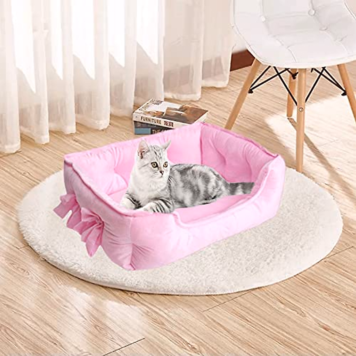 pawstrip Cute Princess Dog Bed, Soft Breathable Bowknot Pet Cat Cushion for Small Dogs, Waterproof Bottom, Self-Warming, Machine Washable (Pink)