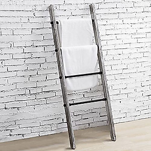 MyGift 5 Foot Graywash Wood Blanket Ladder Wall Leaning Towel Rack with 4 Metal Rung, Farmhouse Home Storage Decor for Living Room, Bathroom, Bedroom