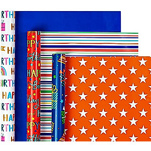 WRAPAHOLIC Reversible Birthday Wrapping Paper Roll - Mini Roll - 3 Rolls - 17 Inch X 120 Inch Per Roll - Happy Birthday Lettering and Gift Box for Kid's Birthday, Baby Shower