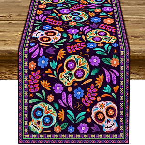 Dia De Los Muertos Table Runner Cinco de Mayo Rustic Linen Mexican Sugar Skull Day of The Dead Altar Decoration for Home Kitchen Dining Room (13" x 72")