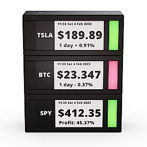 TickrMeter - A Stock Ticker Display for Home and Office - Features: Portfolio Playlist, Stock Alerts, Crypto Currencies, E-Ink Screen, Stackable Design, WiFi Connected, Track Positions