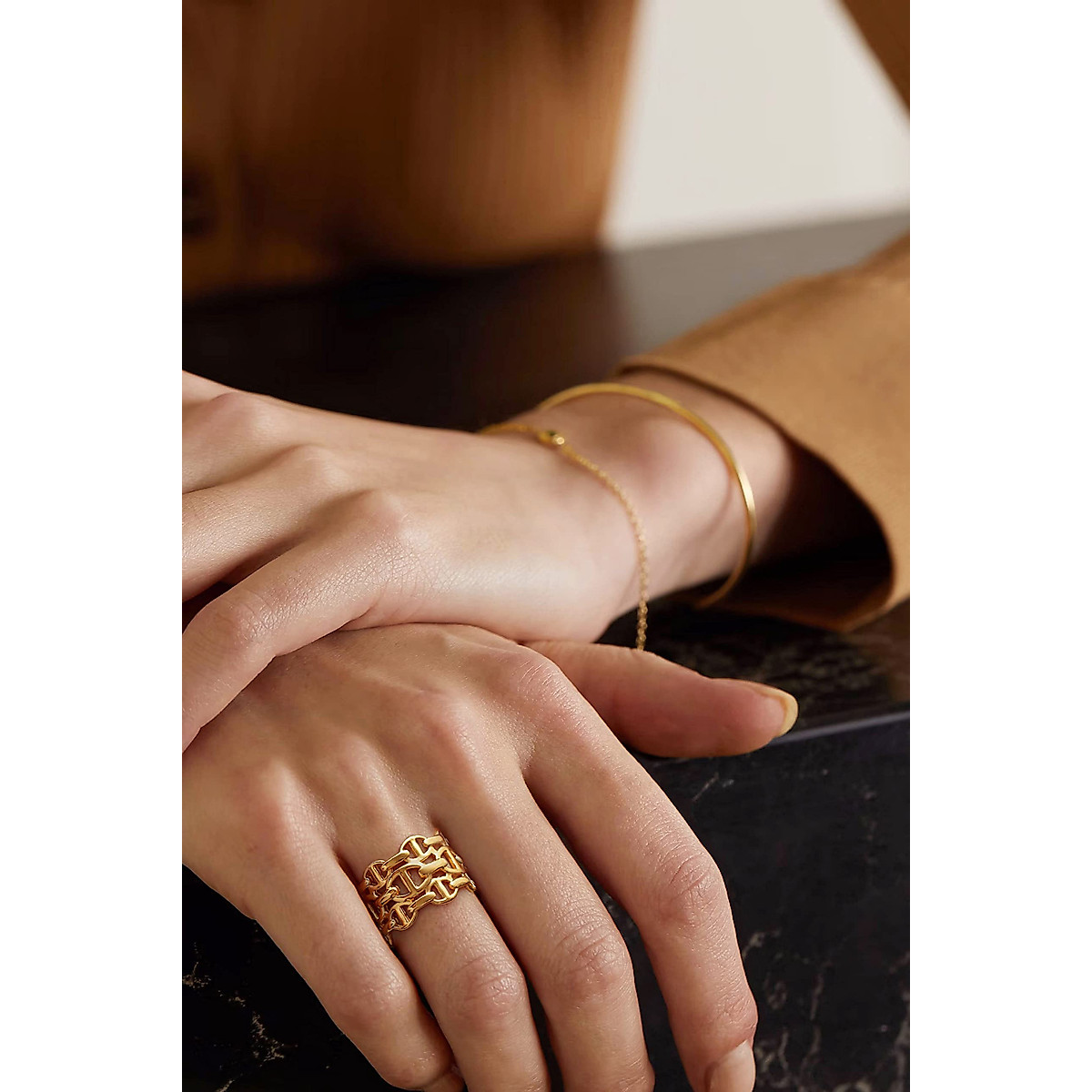 Aobei Pearl 18K Gold 3-Row Chunky Band Ring Mariner Anchor Chain Ring for Women Statement Pig Nose Link Open Rings Adjustable Thumb Knuckle Finger Jewelry for Her