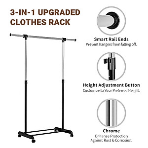 ikloo Clothing Rack with Wheels for Hanging Clothes | Extendable and Adjustable Garment Racks | Freestanding Rolling Closet Laundry Racks for Drying | Portable Clothes Organizer with Shelves | Chrome