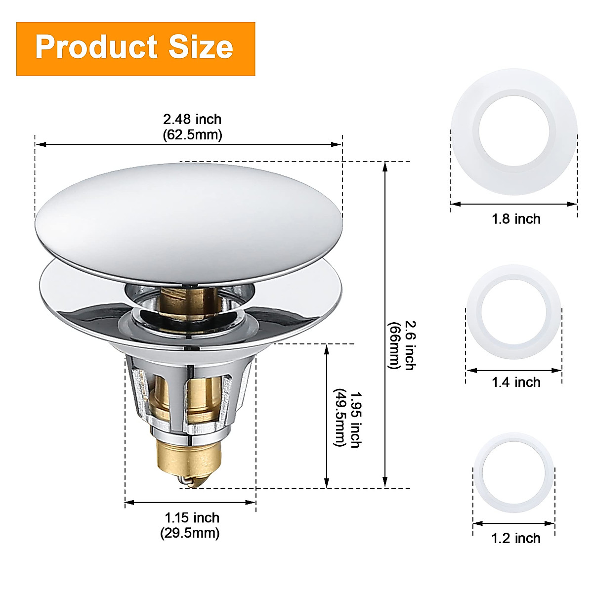 𝐓𝐈𝐎𝐑𝐈𝐘 Universal Bathroom Sink Stopper - 1.1~1.5" Sink Drain Stopper, Full-Size Bounce Bullet Type Pop Up Basin Drain Strainer, Chrome Anti-Clogging Sink Drain Filter with Hair Catcher (Silver)