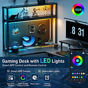 HLDIRECT L Shaped Gaming Desk, Reversible 59 Inch Computer Desk with Power Outlet & LED Lights- L Shaped Desk with Shelves and Monitor Stand, Carbon Fiber Corner Desk with Cup Holder & 2 Hooks