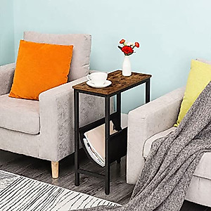 HIGOH Bedside Table Side Table with Storage Narrow End Table with Magazine Holder Sling Bedside Nightstand Coffee Table for Small Space Brown