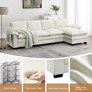 Tmsan 118" Convertible L Shaped Couch, Comfy Modular Sectional Sofa with Double Cushions, Chenille Upholstered Cloud Couches for Living Room, Beige