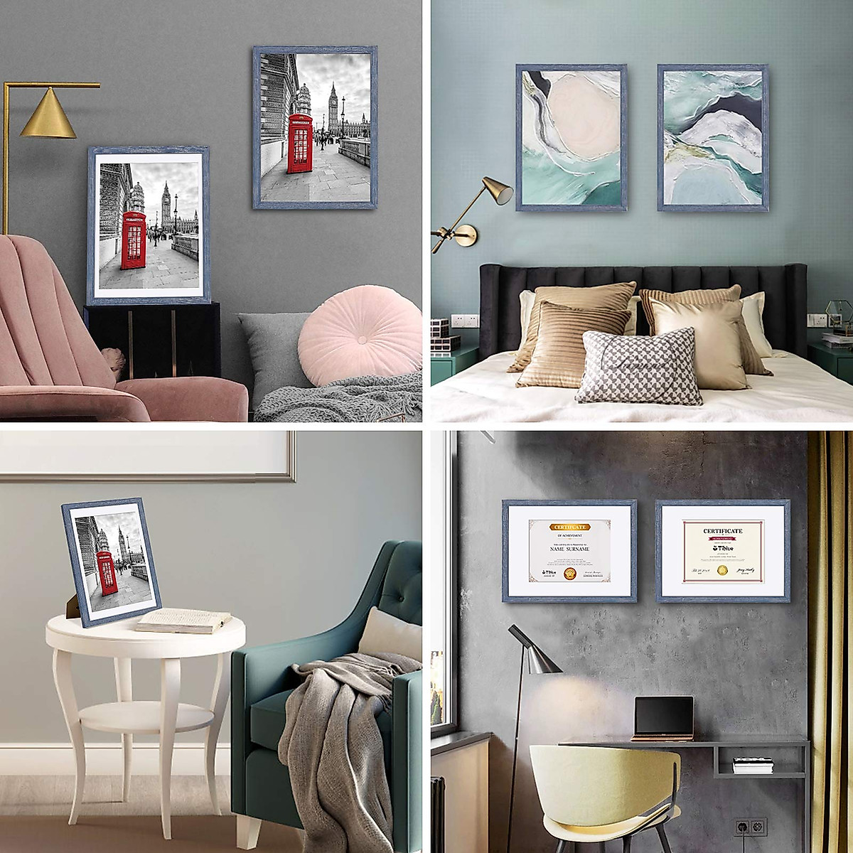 12x16 Rustic Picture Frames Solid Wood Display Pictures 11x14 or 8.5x11 Diplomas with Mat or 12x16 without Mat, Farmhouse Distressed Wooden Picture Frame for Wall or Table Top Display, Rustic Blue