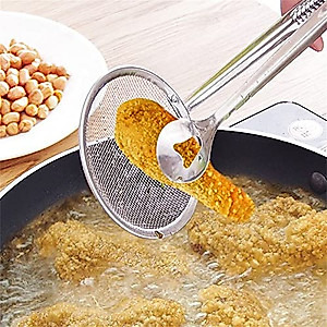 2 in 1 Stainless Steel Fine Mesh Strainer With Clip Tongs Oil Filter Spoon Multi-functional Reusable BBQ Filter Clamp Strainer Kitchen Tools for Oil-frying Food