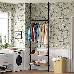 DYN Ptah Floor to Ceiling Adjustble Garment Rack, Heavy Duty Clothes Rack with 2 Shelves, Free Standing Clothing Hanger Tension Rod Cloth Storage Rack Black