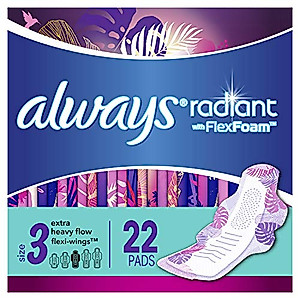 Always Radiant Pads, Size 3, Extra Heavy Flow Absorbency, Scented, 22 Count (Pack of 2)
