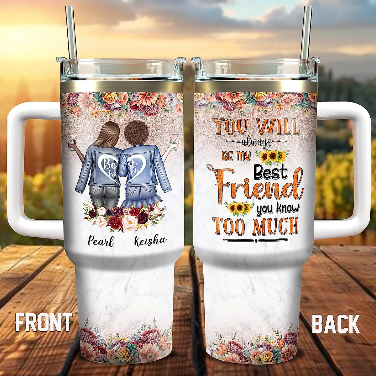 WAZONE Personalized Friendship Tumbler 40oz with Handle and Straw Travel Coffee Mug Best Friends Custom Names Birthday Christmas Thanksgiving Gifts for Soul Friend Besties Girls BFF