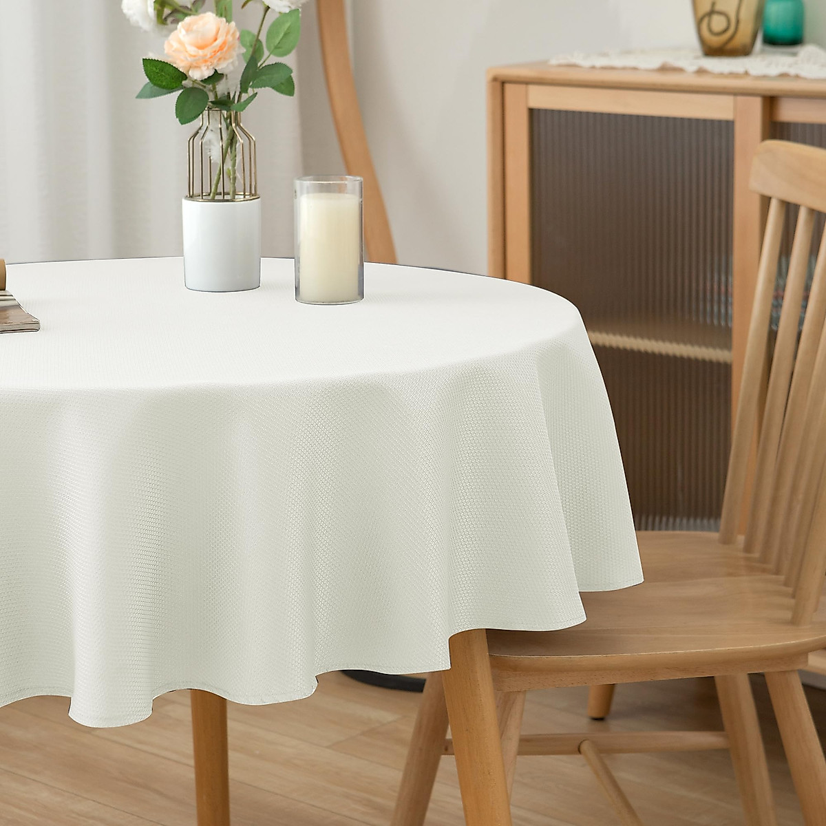 Biscaynebay Textured Fabric Tablecloths Round 60" for Tables' Diameters from 20" to 40", Ivory Water Resistant Tablecloths for Dining, Kitchen, Wedding, Parties etc. Machine Washable